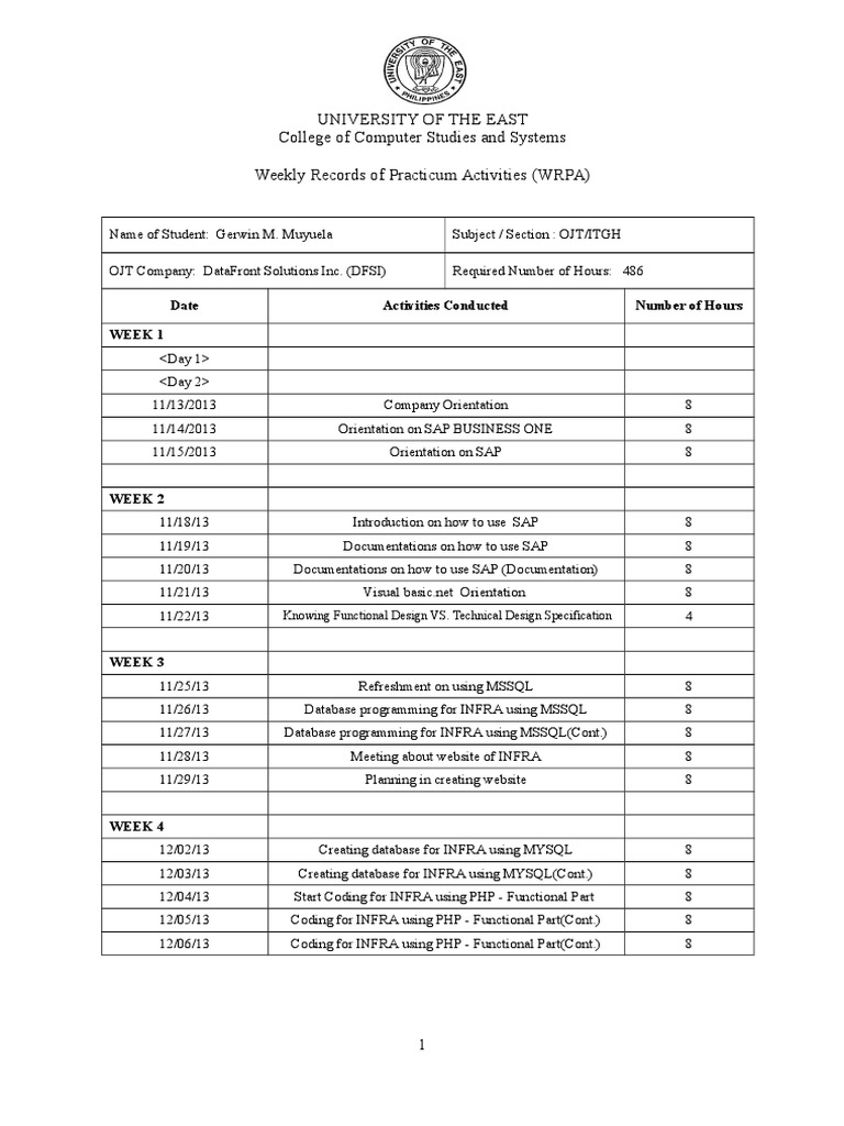 University of The East College of Computer Studies and Systems Weekly ...