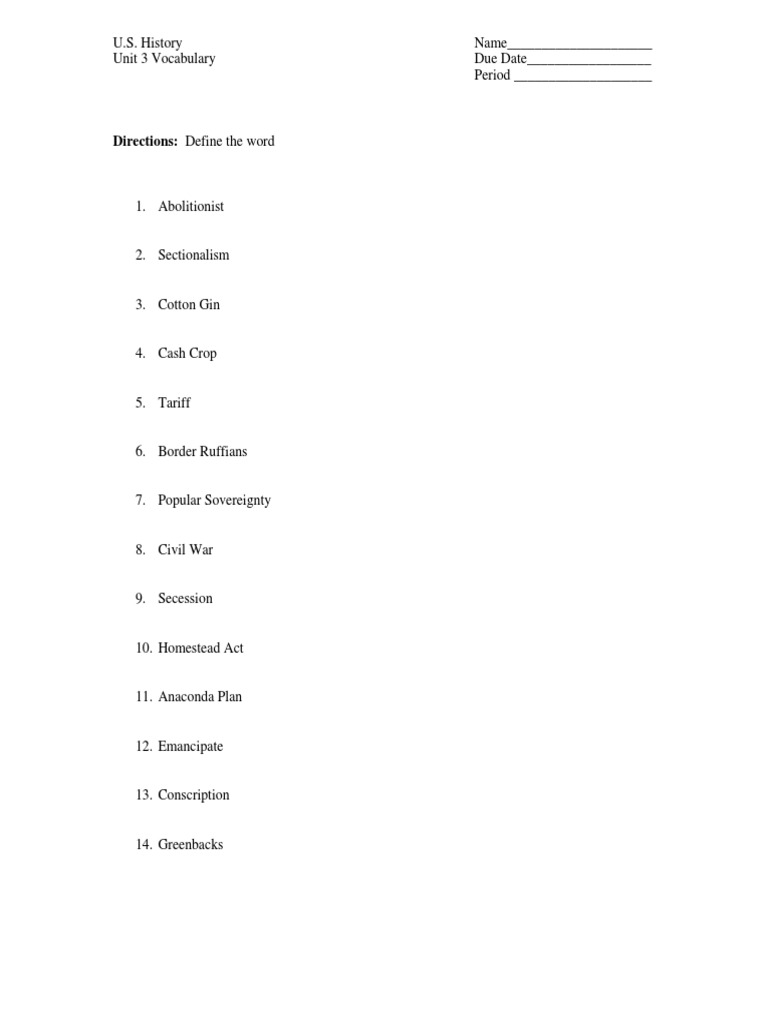 APUSH Unit 3 Vocabulary Guide | PDF