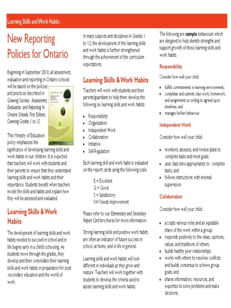 You Need Learning Skills and Work Habits Brochure | PDF | Educational ...
