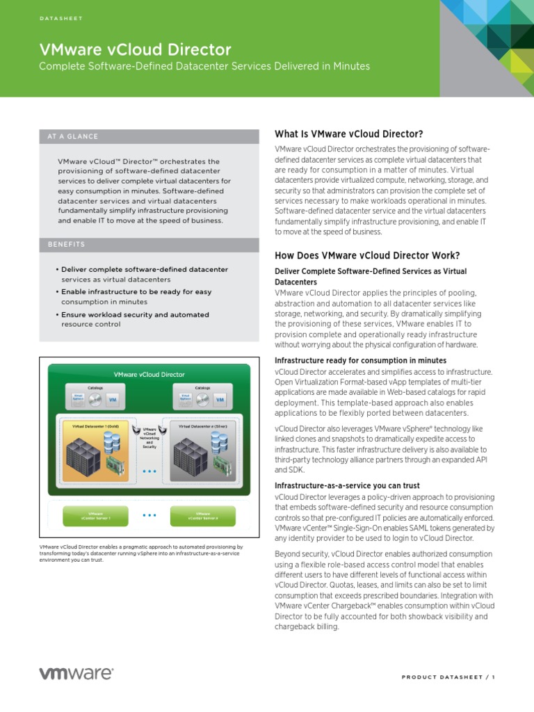 VMware VCloud Director Datasheet | PDF | Provisioning | Cloud Computing VMware VCloud Director Datasheet | PDF | Provisioning | Cloud Computing