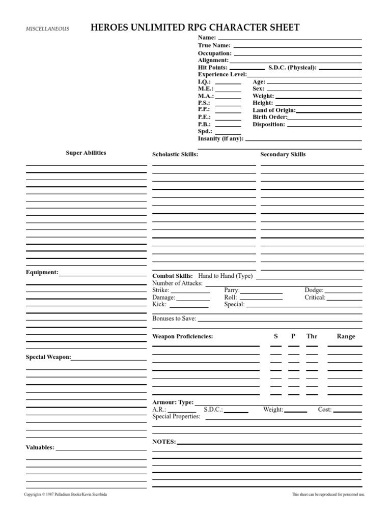 Heroes Unlimited Character Sheet | PDF | Leisure Activities | Entertainment
