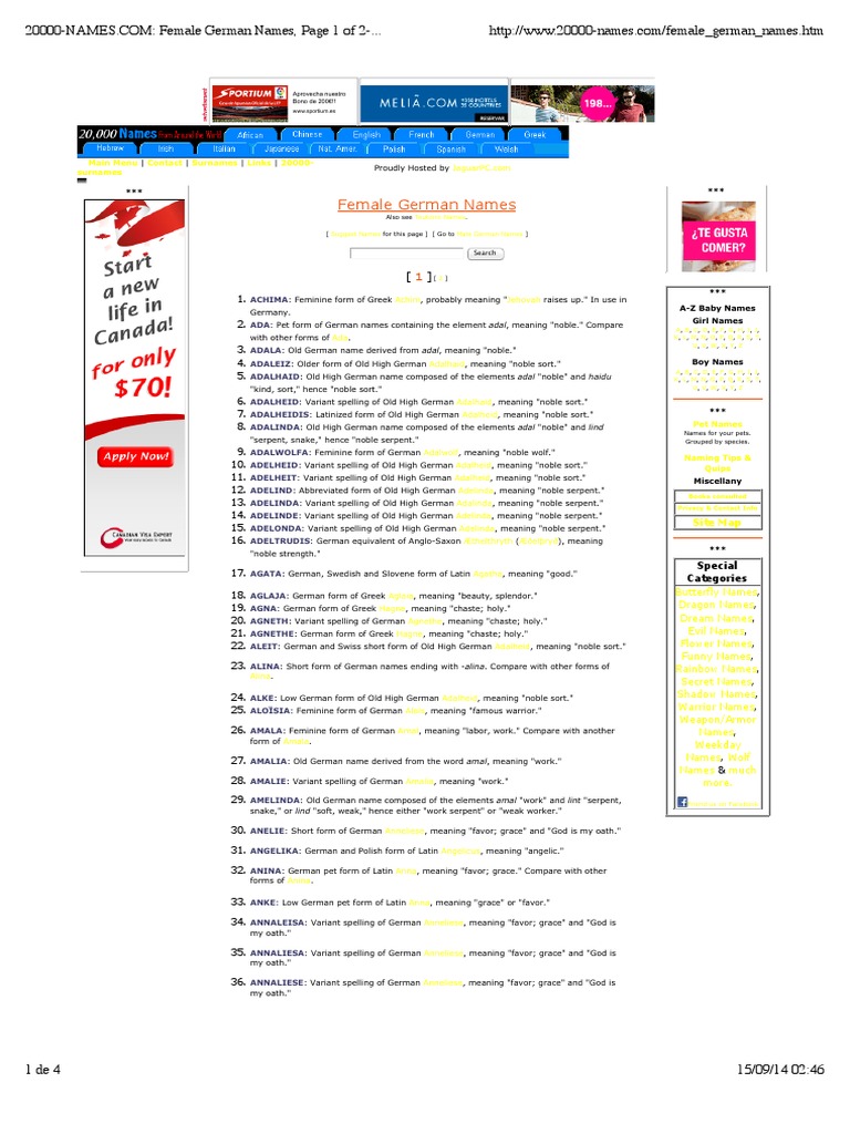 Female German Names, Page 1 of 2 - Meaning, Origin, Etymology | PDF ...