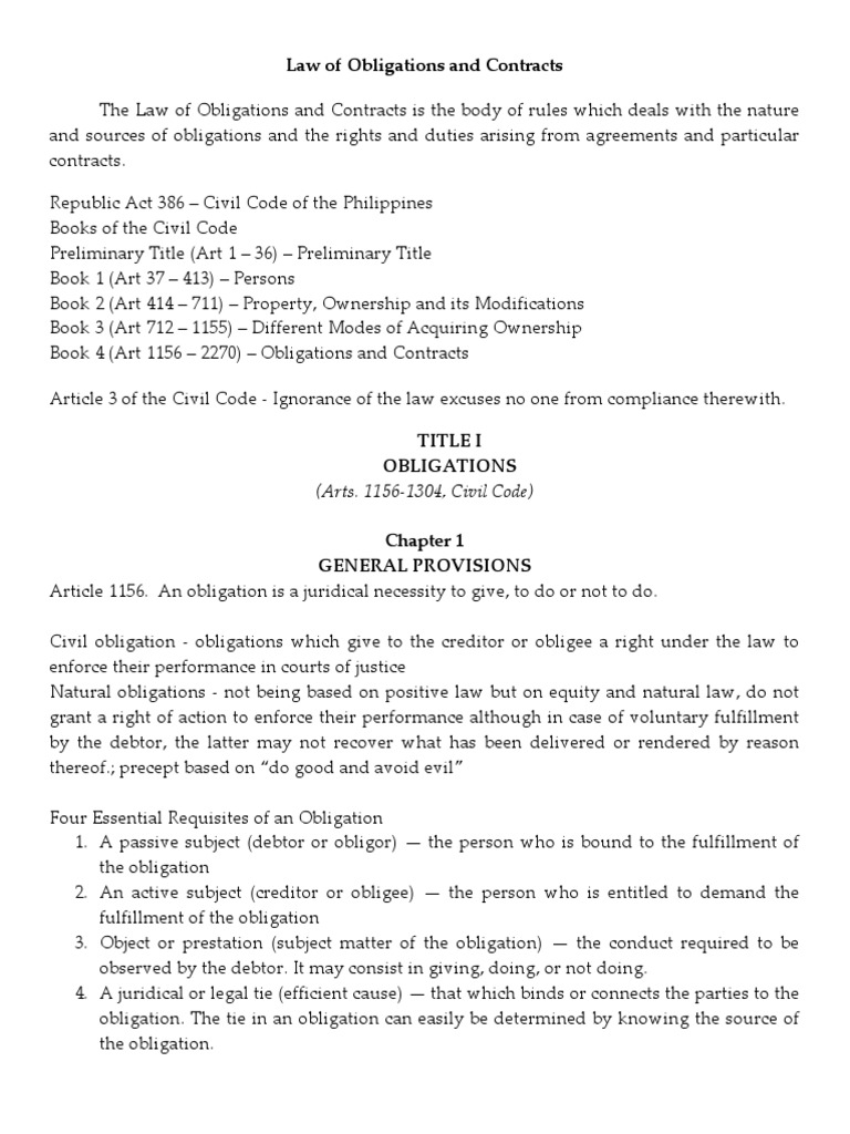 Obligations (Arts. 1156-1304, Civil Code) | PDF | Law Of Obligations | Crime & Violence