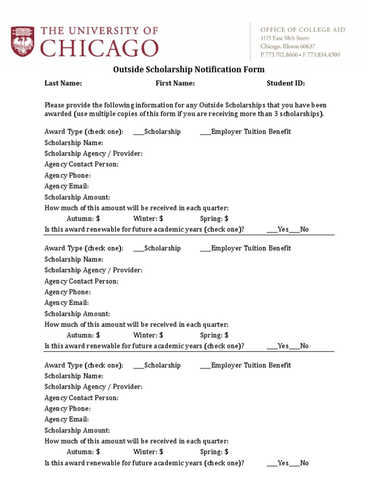 Outside Scholarship Notification Form: Last Name: First Name: Student ...
