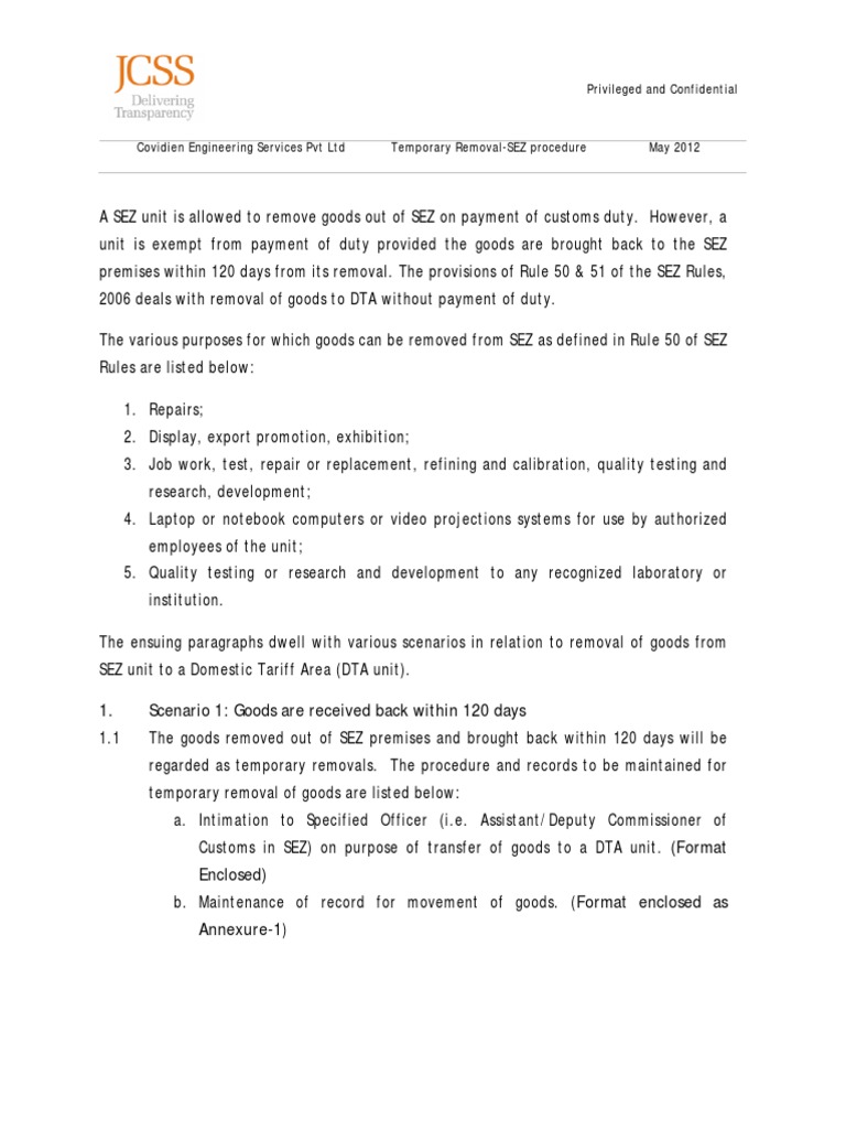 SEZ Temporary Removal Procedures | PDF | Invoice | Tariff