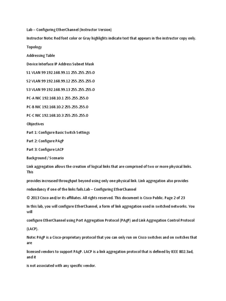 Lab 3.2.1.4 - Configuring EtherChannel | PDF | Network Switch | Internet Architecture