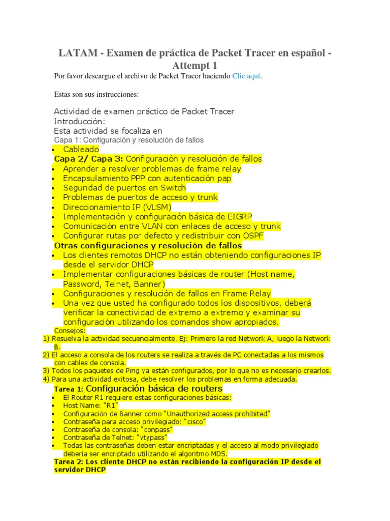 LATAM - Examen de Práctica de Packet Tracer en Español | PDF | Enrutador (Computación ...
