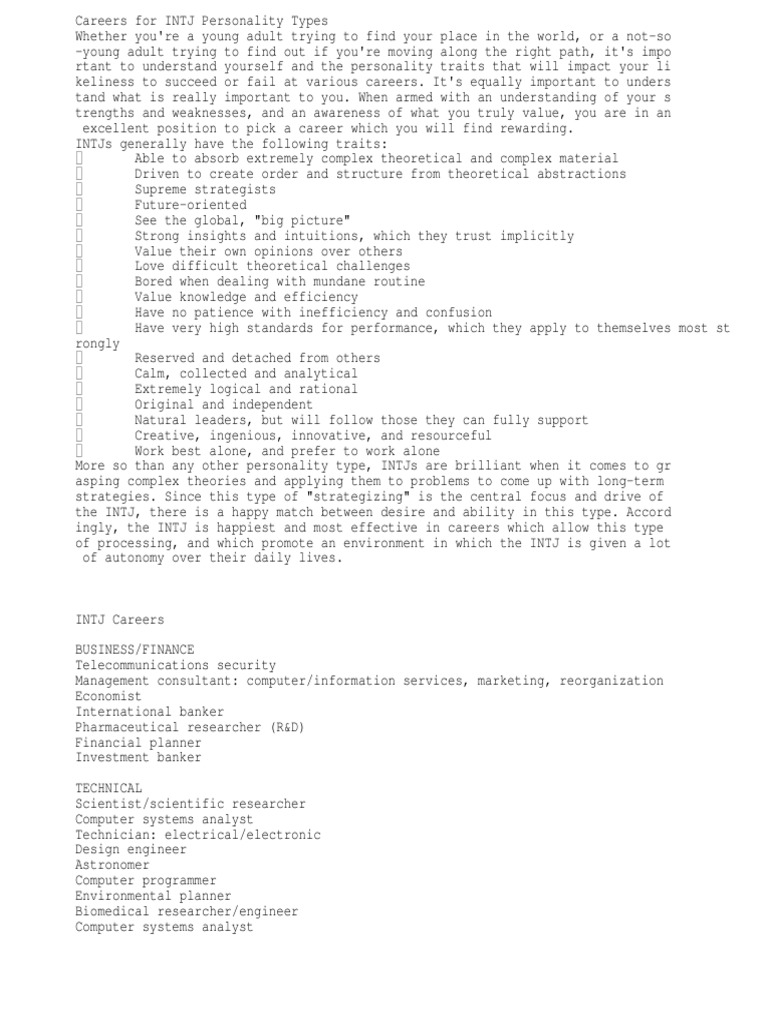 INTJ Career Paths and Traits | PDF | Personality Type | Engineer