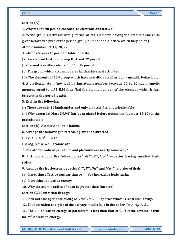 Solved Question Bank On Periodic Table | PDF | Periodic Table ...