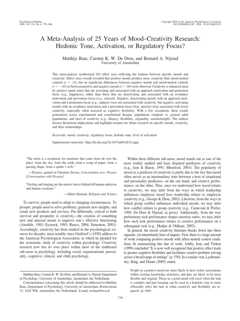 A Meta-Analysis of 25 Years of Mood-Creativity Research - Hedonic Tone ...