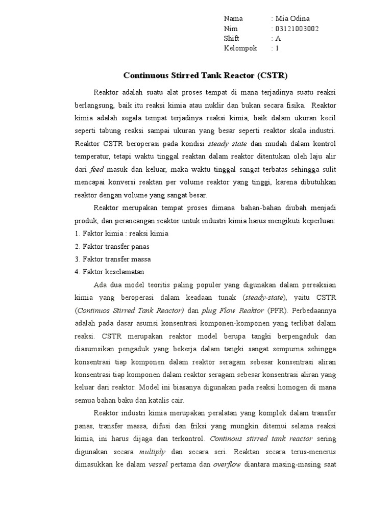 Reaktor CSTR | PDF