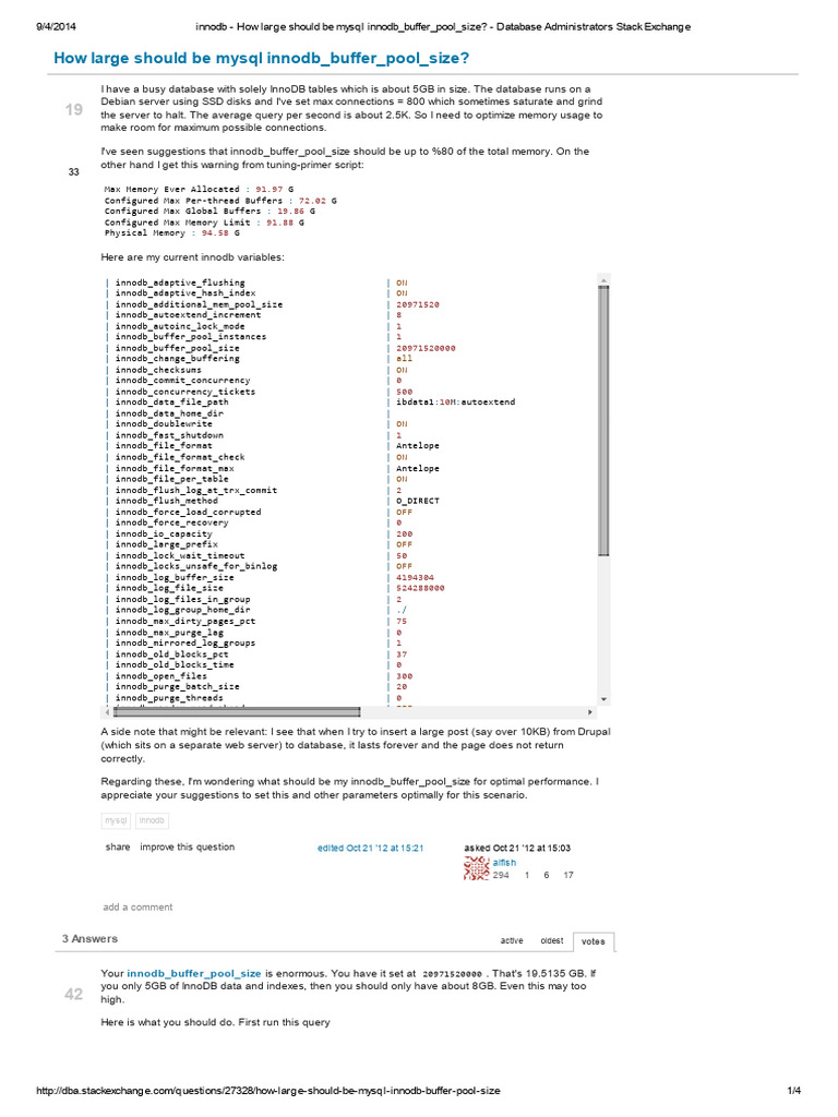 How Large Should Be Mysql Innodb Buffer Pool Size Pdf Computer Data Thread Computing