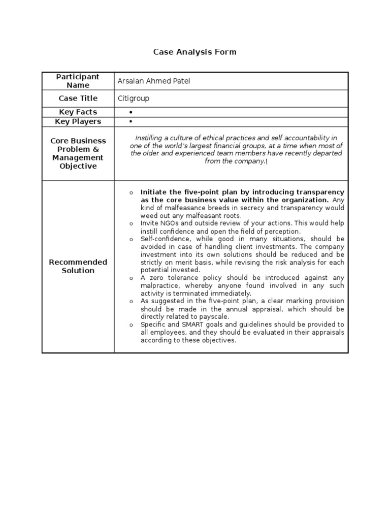 Case Analysis Form: Participant Name Case Title Key Facts Key Players ...