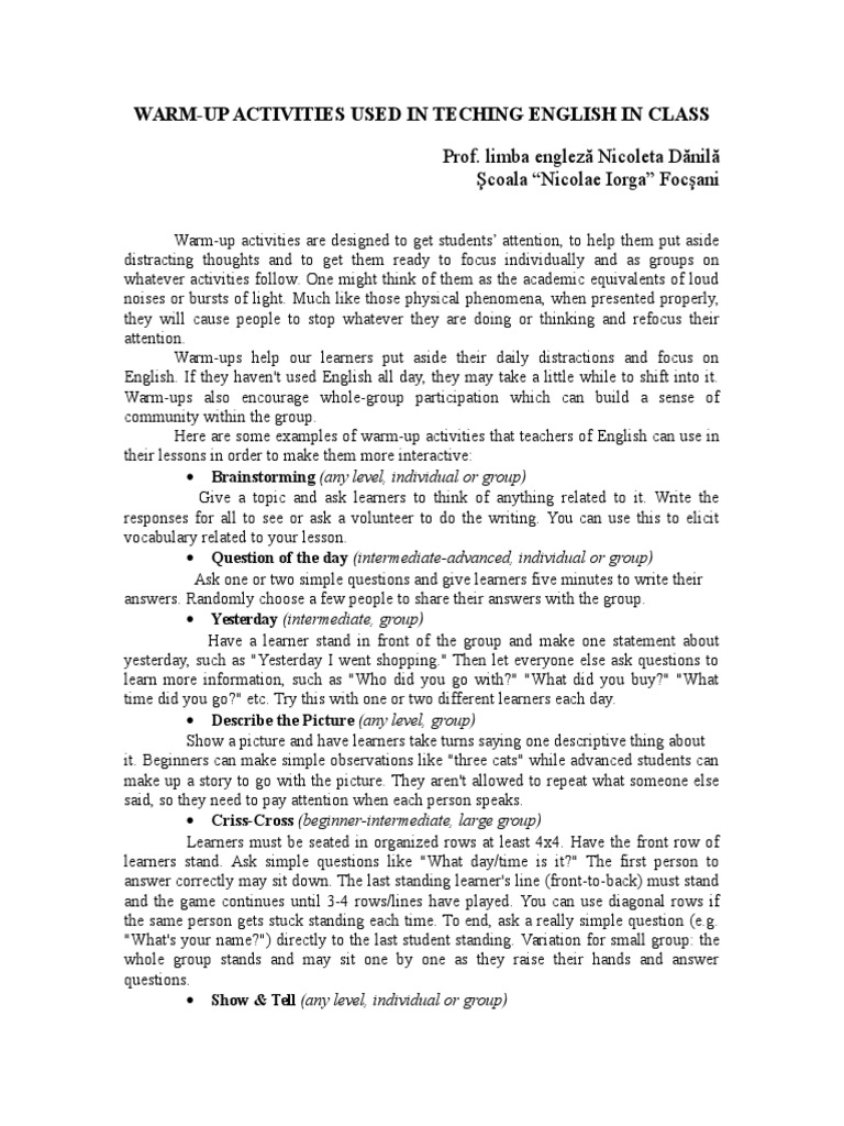 Warm Up Activities Used In Teaching English In Class Brainstorming