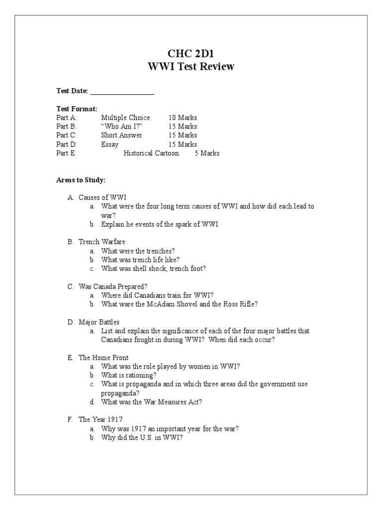 CHC 2D1 WWI Test Review Guide | PDF