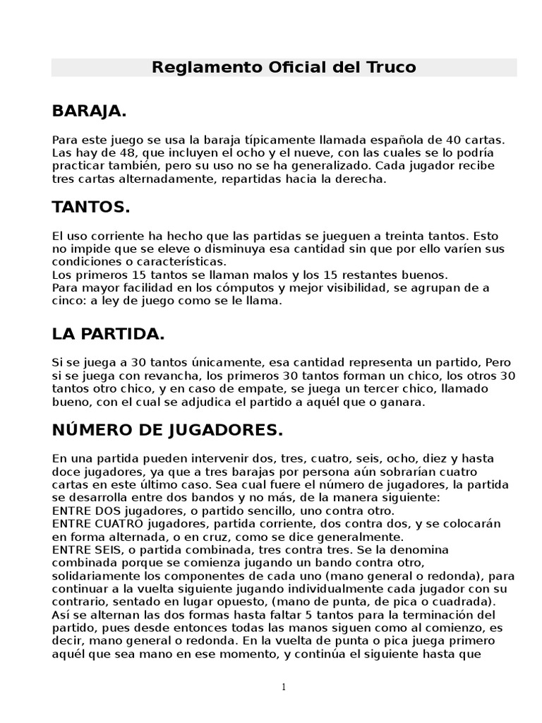 Reglamento Oficial Del Truco | PDF | Ocio | Bienes de consumo