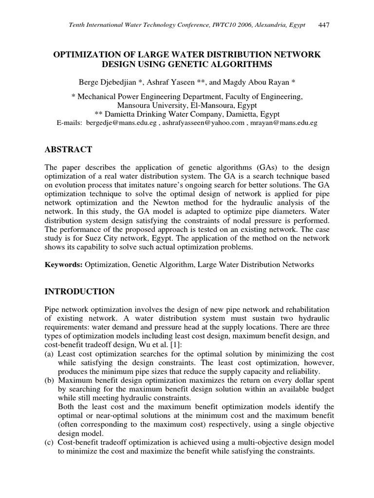 Optimization Of Large Water Distribution Network Design Using Ga Pdf