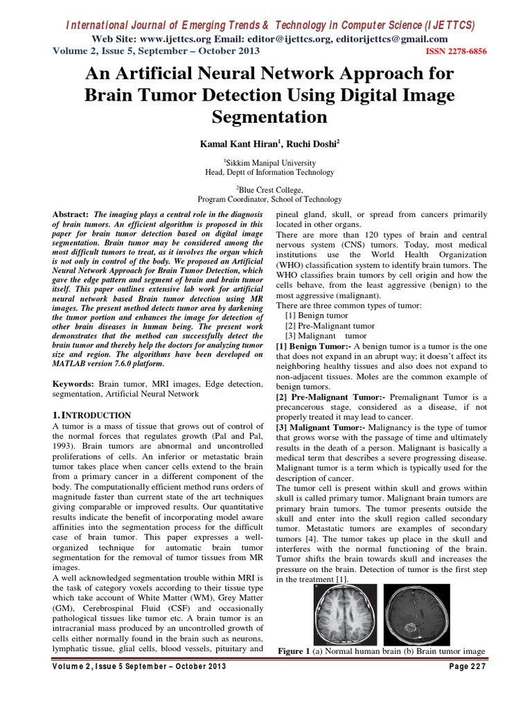 An Artificial Neural Network Approach For Brain Tumor Detection Using Digital Image Segmentation ...