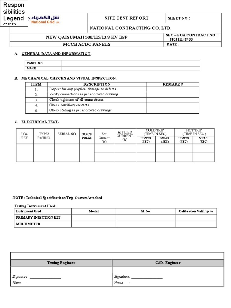 Site Test Report: National Contracting Co. Ltd. NEW QAISUMAH 380/115/13 ...