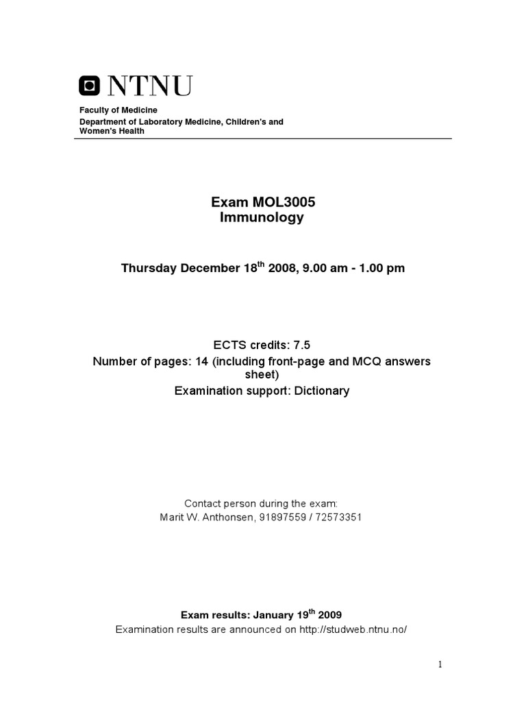 Immunology Exam: Multiple Choice Questions and Short Answer Responses ...