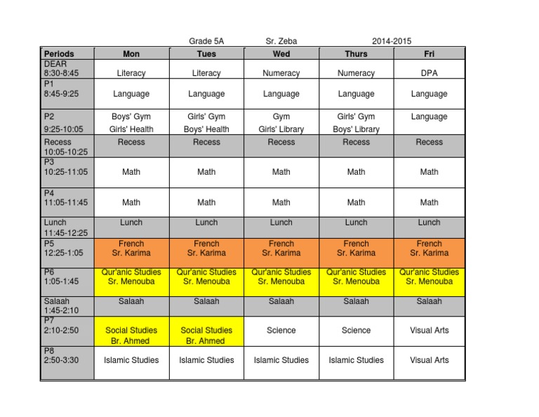 Grade 5A Weekly Class Schedule | PDF | Language Arts & Discipline ...