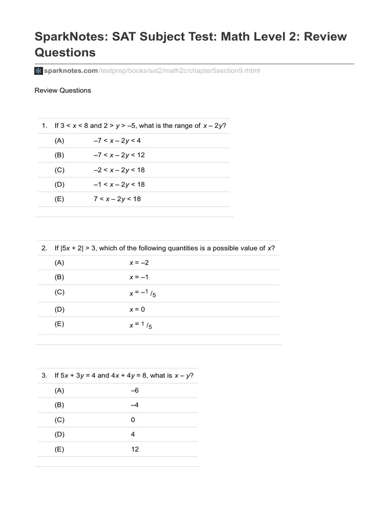 SparkNotes SAT Subject Test Math Level 2 Review Questions | PDF ...