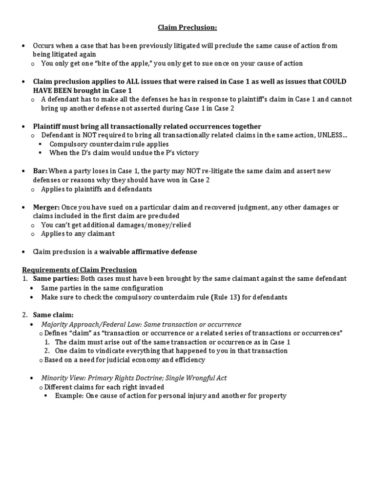 Claim Preclusion Attack Outline | PDF | Collateral Estoppel | Res Judicata