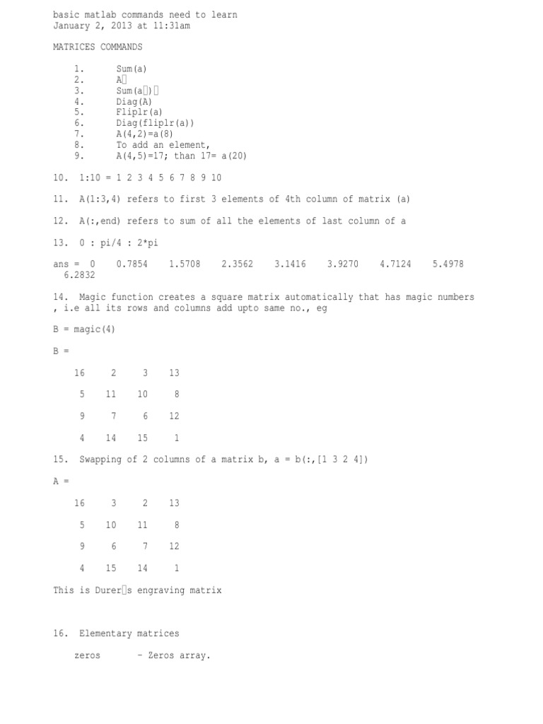 Matlab Functions Trigonometric Functions Matrix Mathematics
