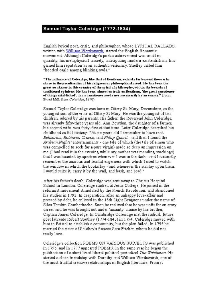 Coleridge Biography | PDF | Samuel Taylor Coleridge | William Wordsworth