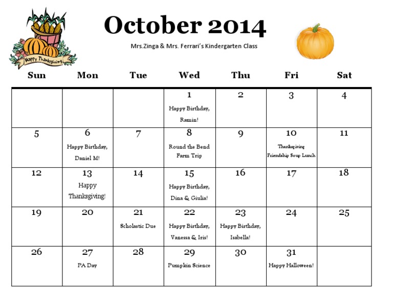 Classroom Calendar Oct For Website | PDF | Cooking, Food & Wine