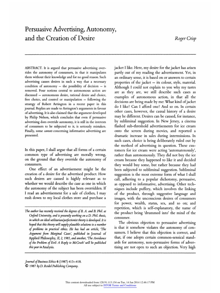 Persuasive Advertising Autonomy and The Creation of Desire | PDF ...