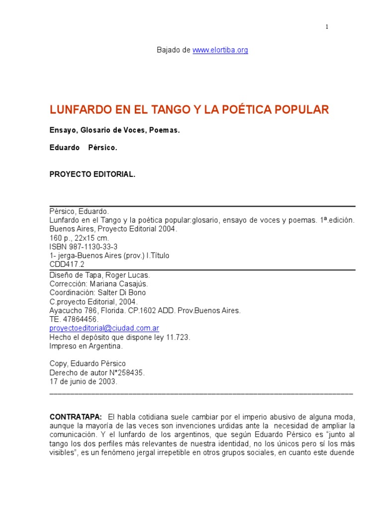 Persico, Eduardo-Lunfardo en El Tango y La Poetica Popular | PDF ...