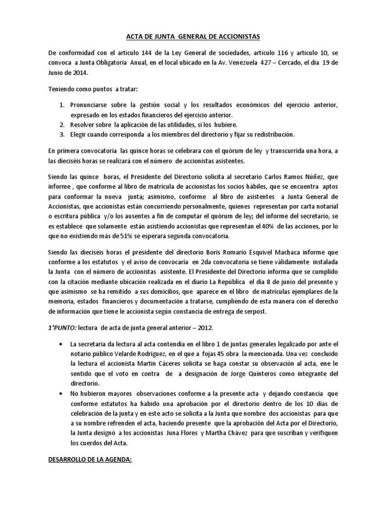 Acta de Junta General de Accionistas | PDF | Contador | Gobierno
