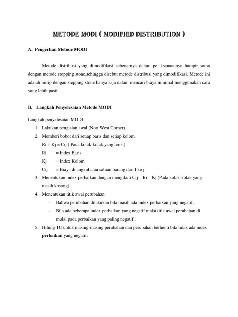 Bahan Ajar Program Linear MODI (MODIFIED DISTRIBUTION) | PDF