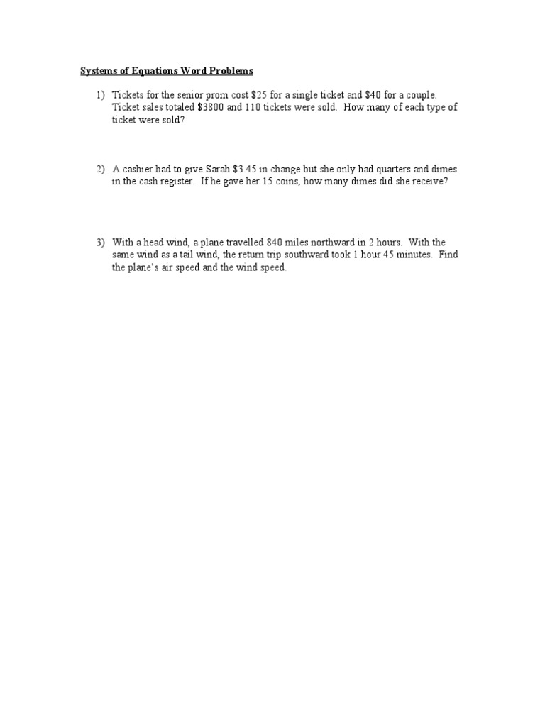Systems Of Equations Word Problems PDF