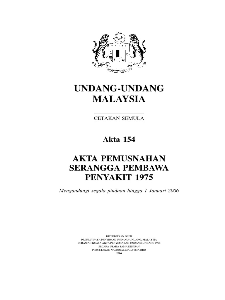 Akta Pemusnahan Serangga Pembawa Penyakit 1975 (Akta 154) | PDF