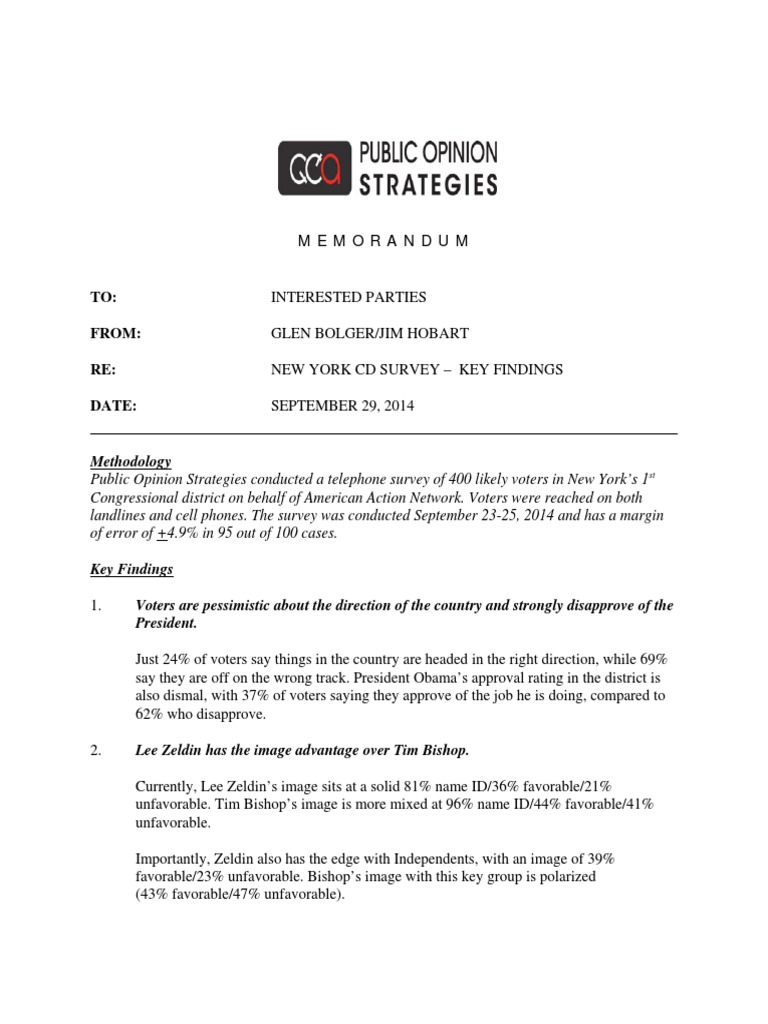 NY CD 1 September Key Findings Memo | PDF | Opinion Poll | Politics Of ...