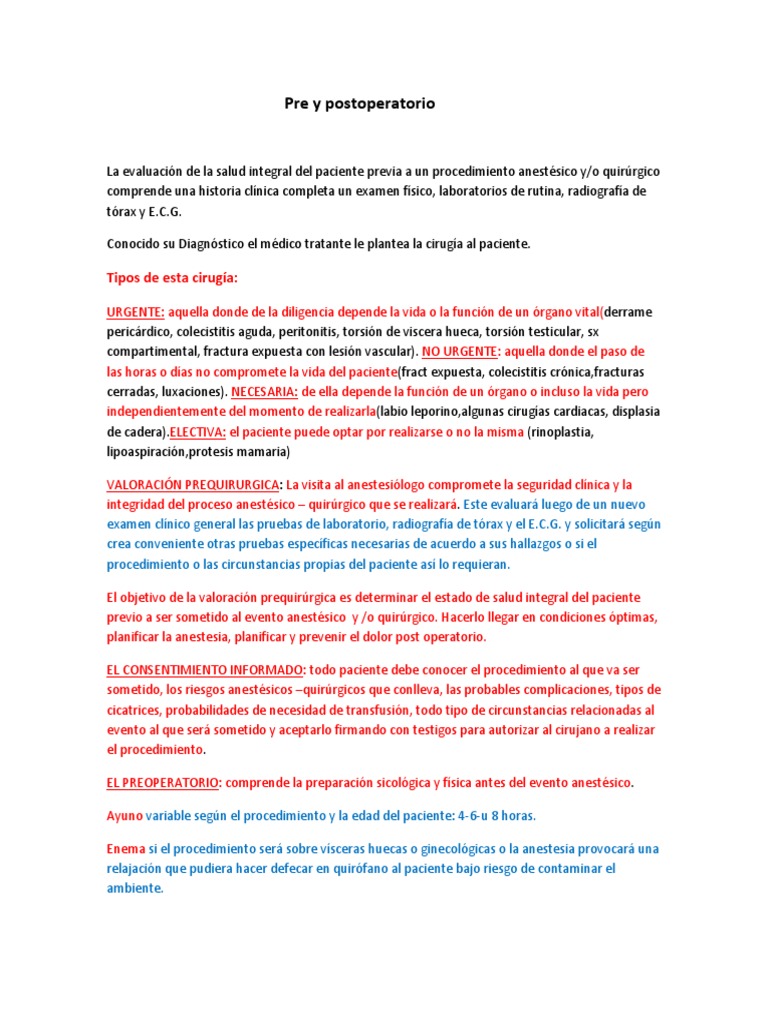 Pre Y Postoperatorio Pdf Anestesia Cirugía