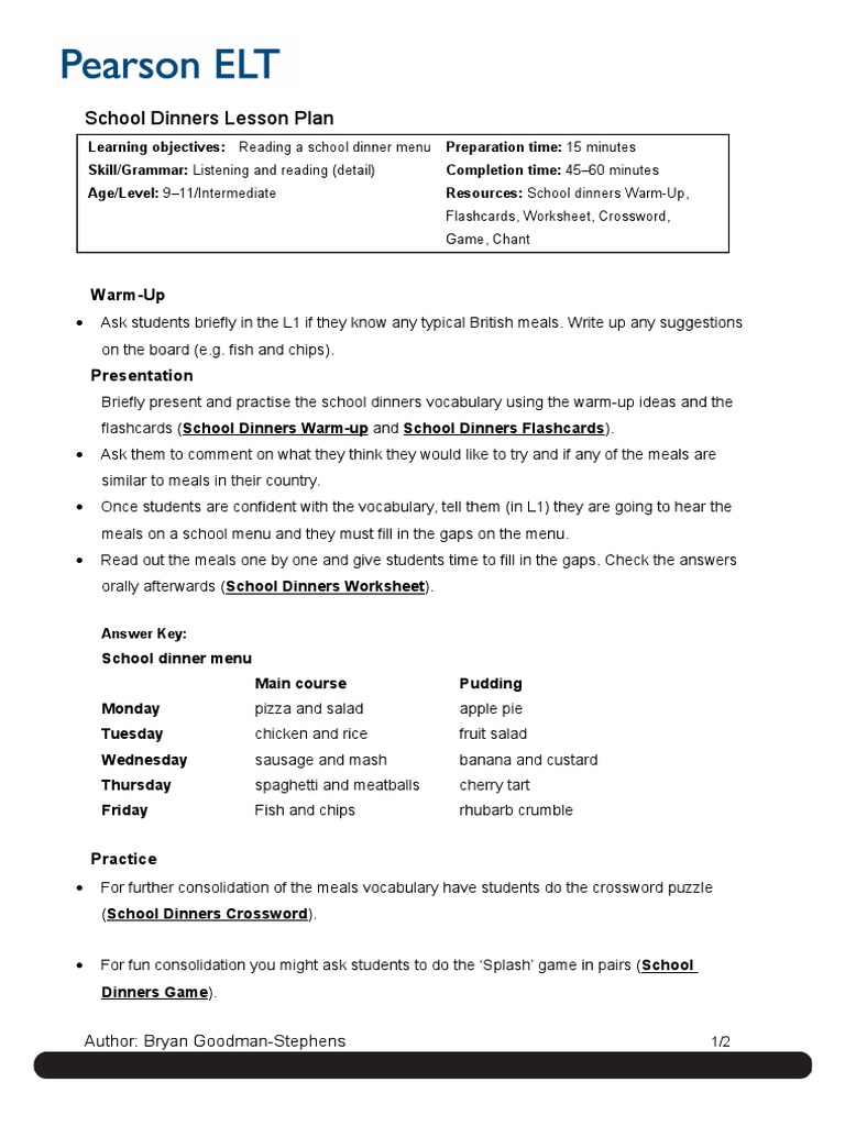 GBBJG10112446 School Dinners Lesson Plan | PDF