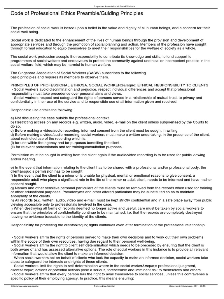 SASW Code of Ethics | PDF | Social Work | Confidentiality