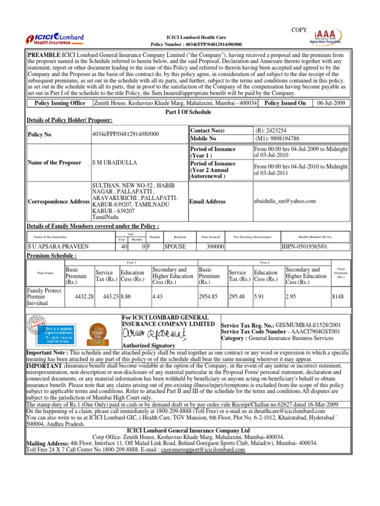 Icici Lombar Health Insurance Copy Apsara | PDF | Insurance Policy ...