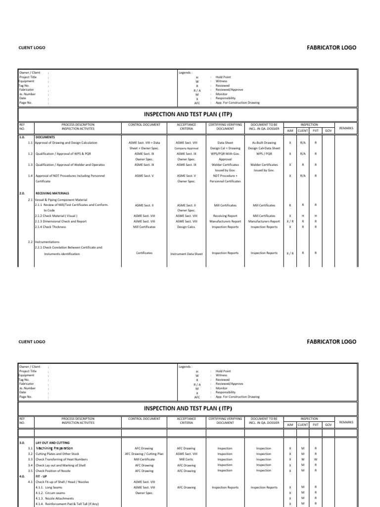 Sample Itp For Vessel | PDF | Welding | Construction