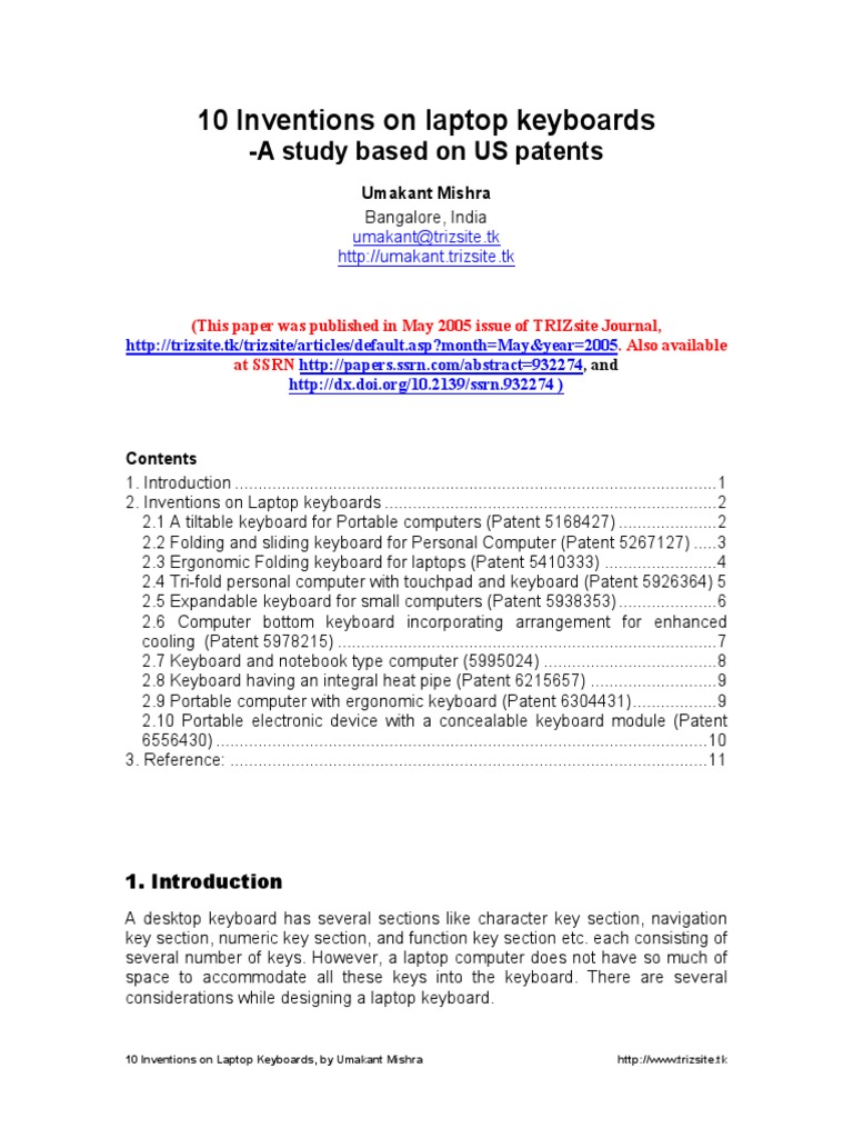 10 Inventions On Laptop Keyboards: - A Study Based On US Patents | PDF ...