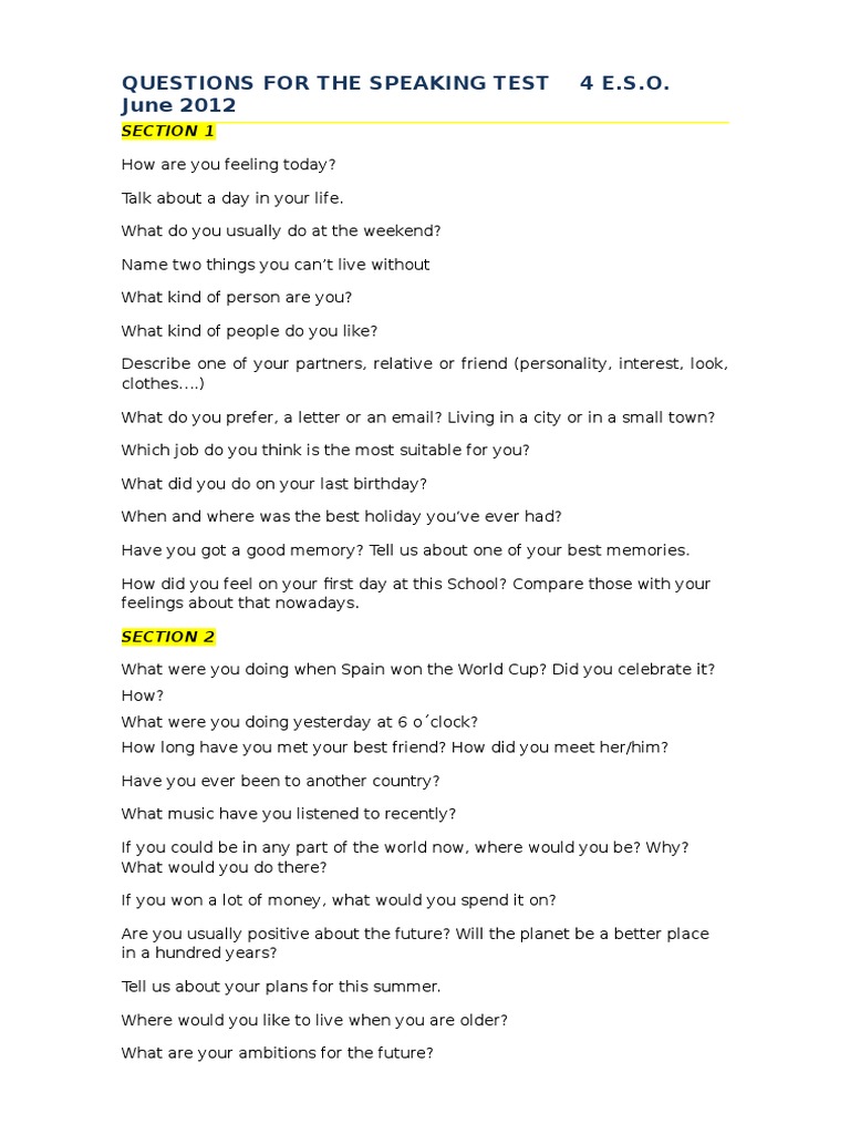 Speaking Test - Questions For Students | PDF