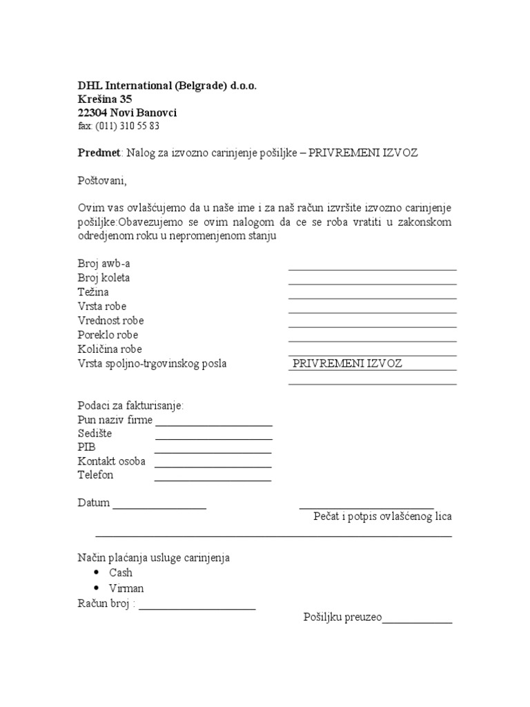 Nalog Za Carinjenje-Privremeni Izvoz | PDF