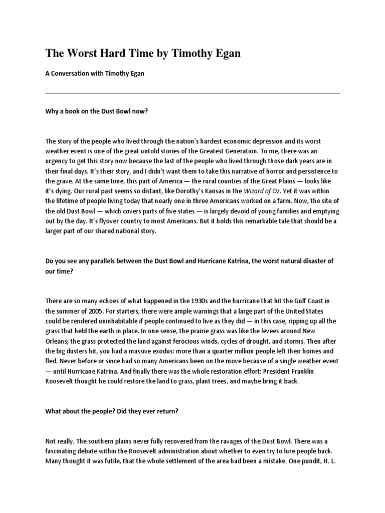 The Worst Hard Time by Timothy Egan - Discussion Questions | PDF | Dust ...
