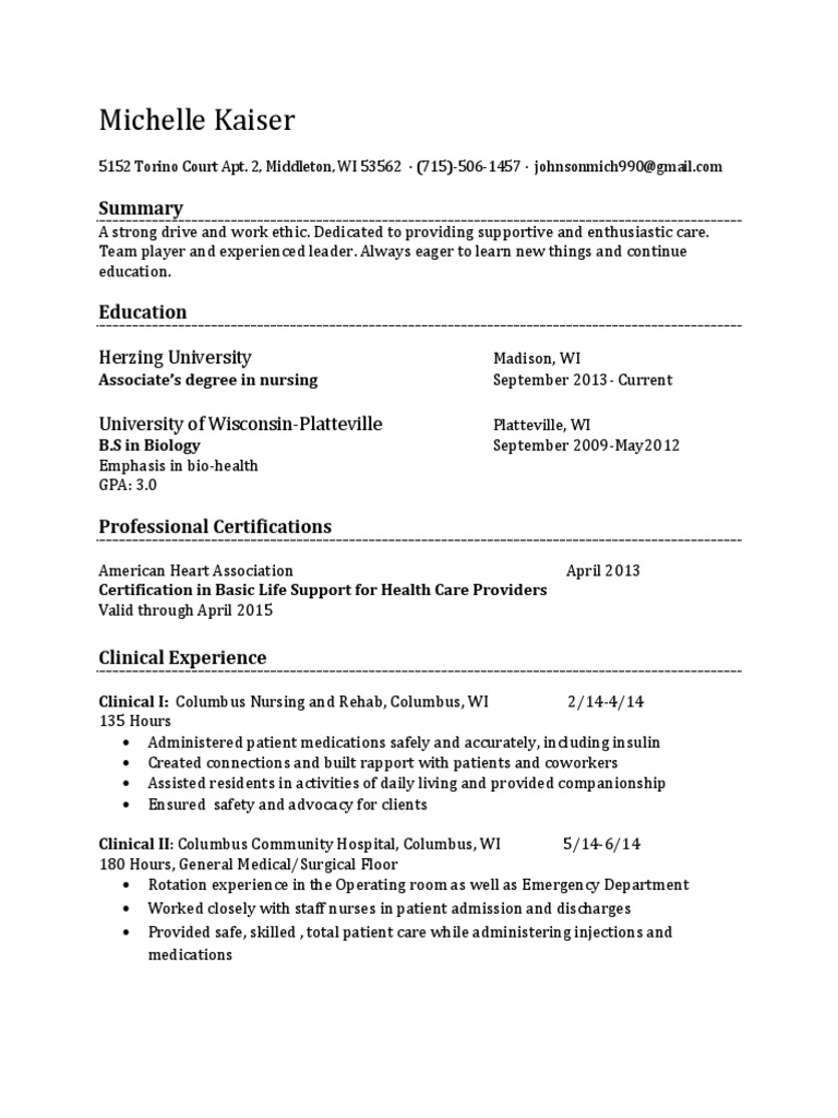 Nursing Student Resume for Michelle Kaiser | PDF | Nursing | Physical ...