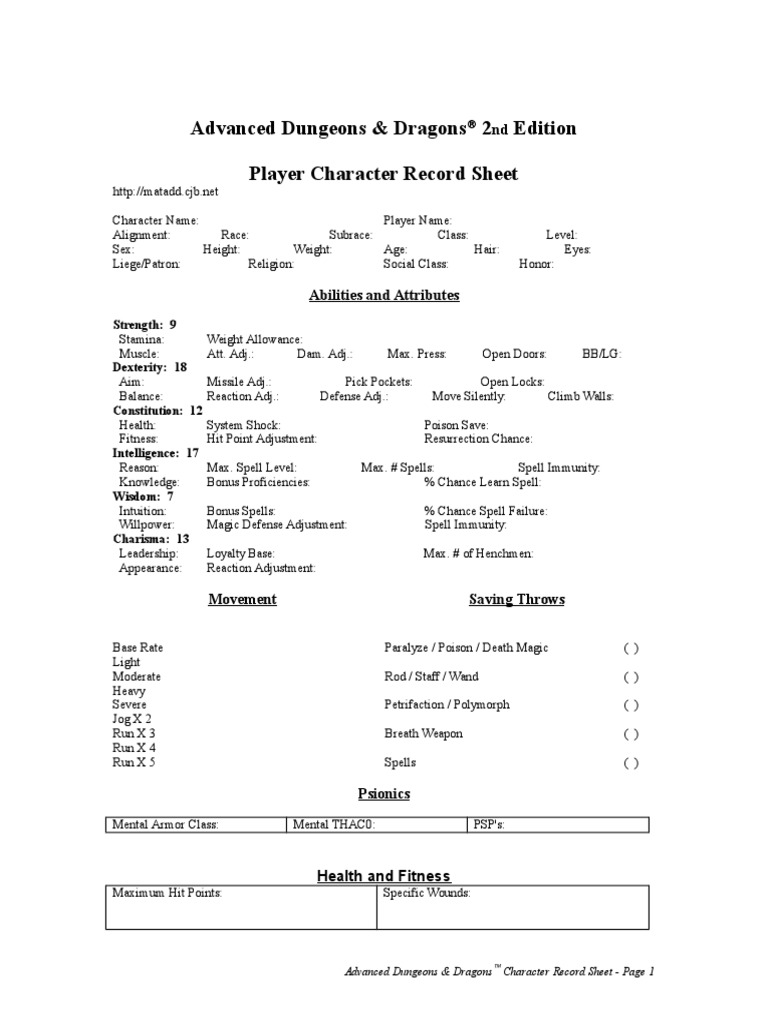 AD&D 2E Blank Character Sheet | PDF