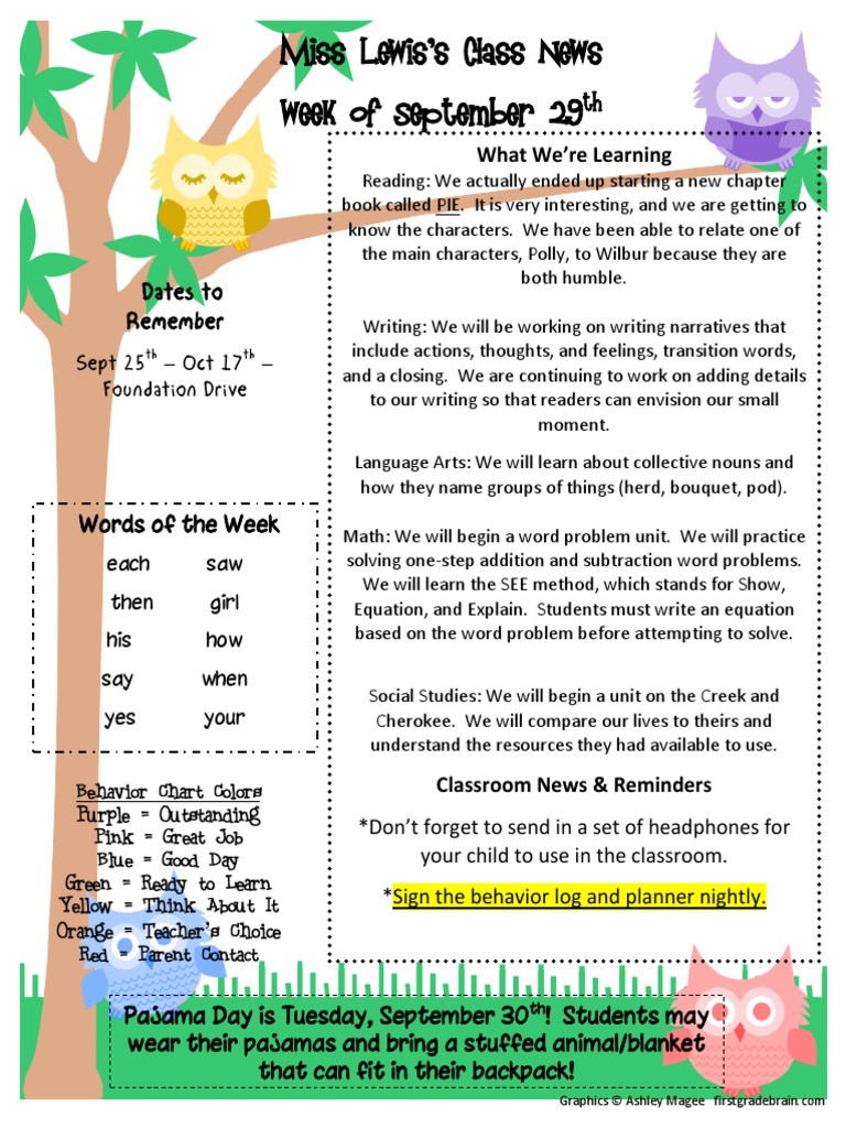 Miss Lewis's Class News Week of September 29: Dates To Remember | PDF ...