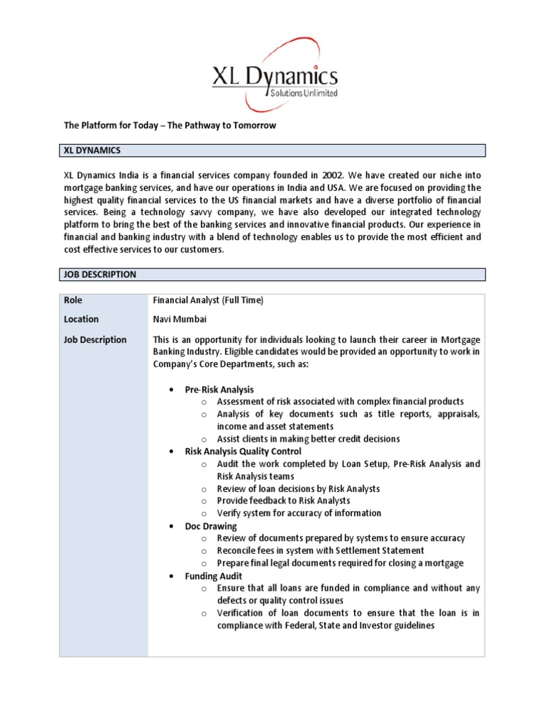 JD - Financial Analyst-XL Dynamics India Pvt. Ltd. | PDF | Banks | Risk